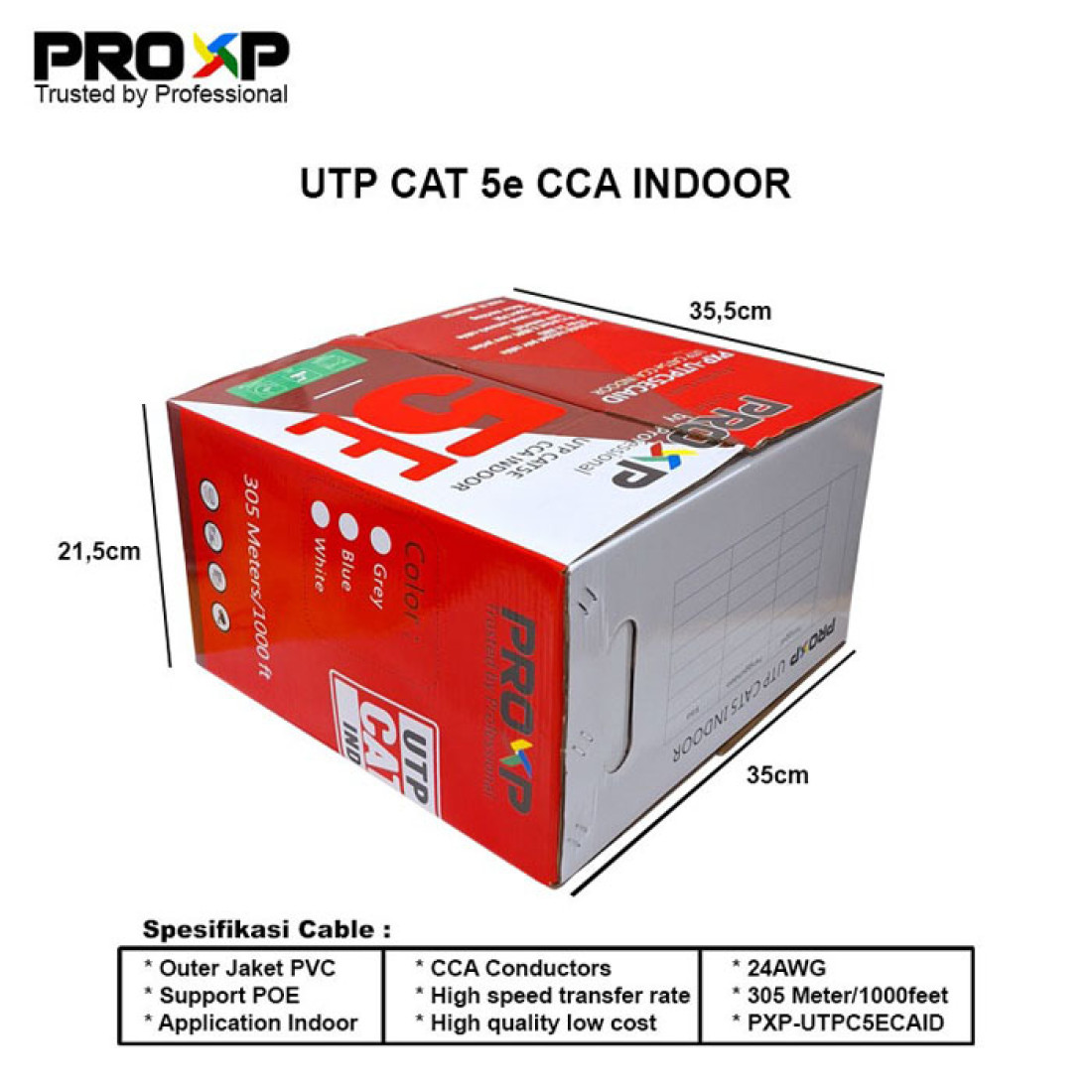 PROXP Cable UTP Cat 5e CCA Indoor Kabel Cat5e Roll 305 Meter 1000 Feet